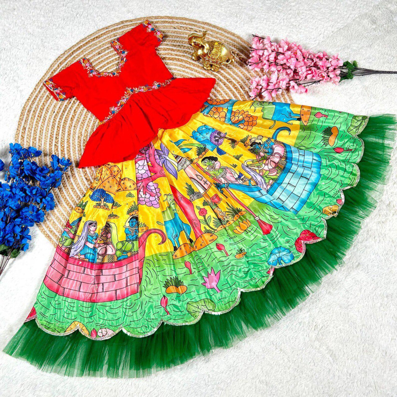 Designer Kalamkari Print Lengha for Girls, Soft Chinon Silk Blue ...