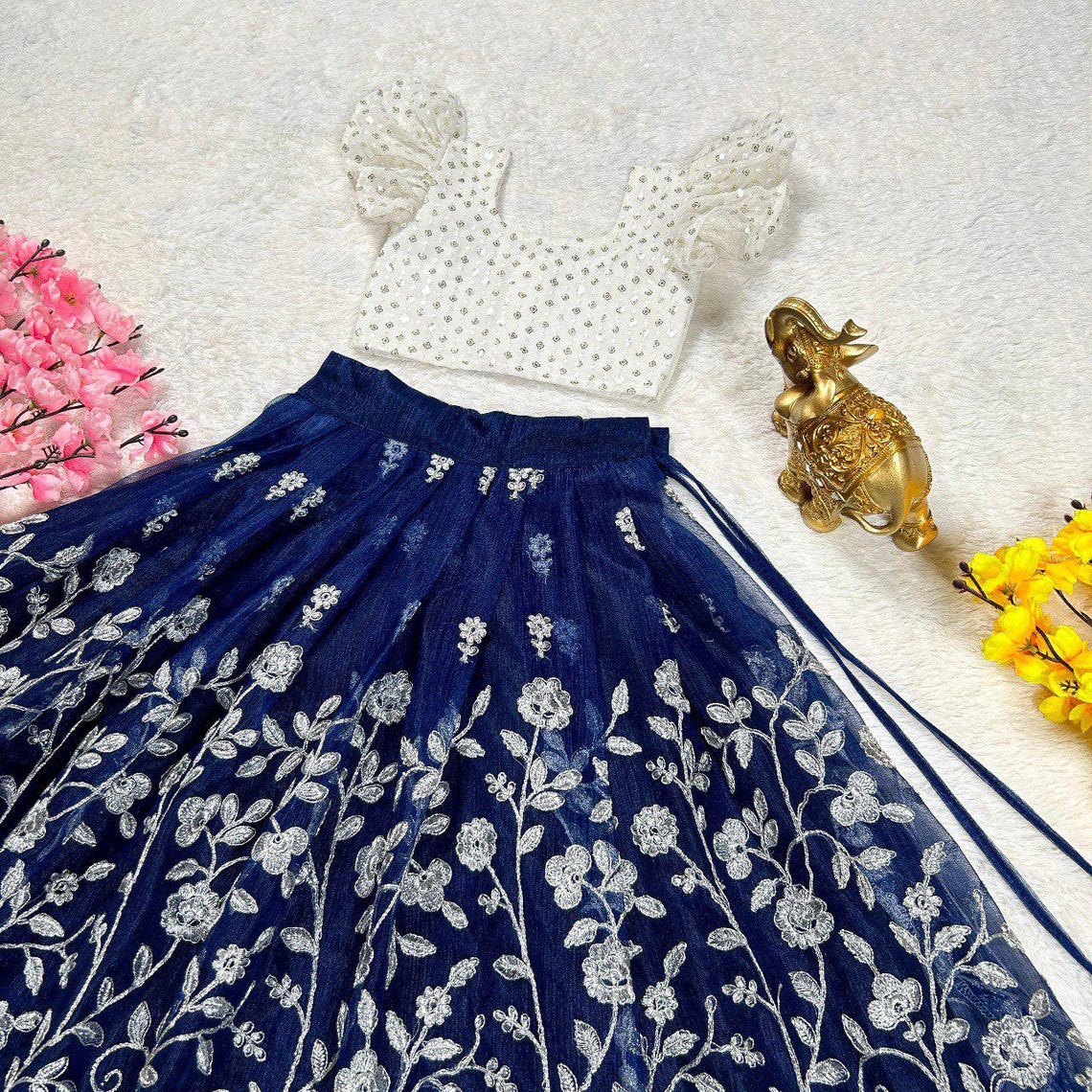 Blue and White Kids Lehenga Choli Set, Soft Net Baby Girl Lengha Choli ...