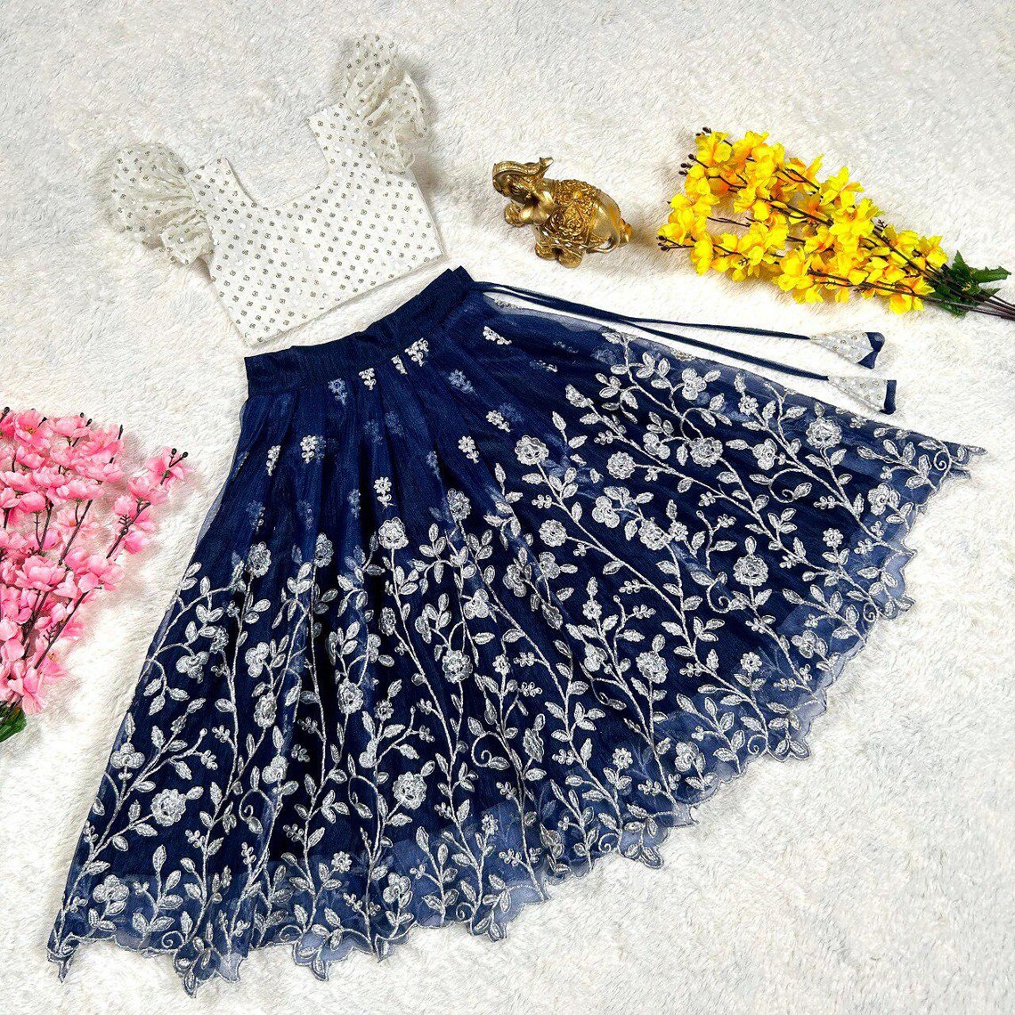 Blue and White Kids Lehenga Choli Set, Soft Net Baby Girl Lengha Choli ...