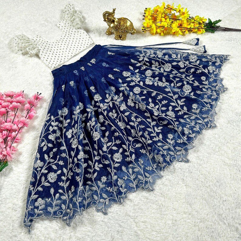 Blue and White Kids Lehenga Choli Set, Soft Net Baby Girl Lengha Choli ...