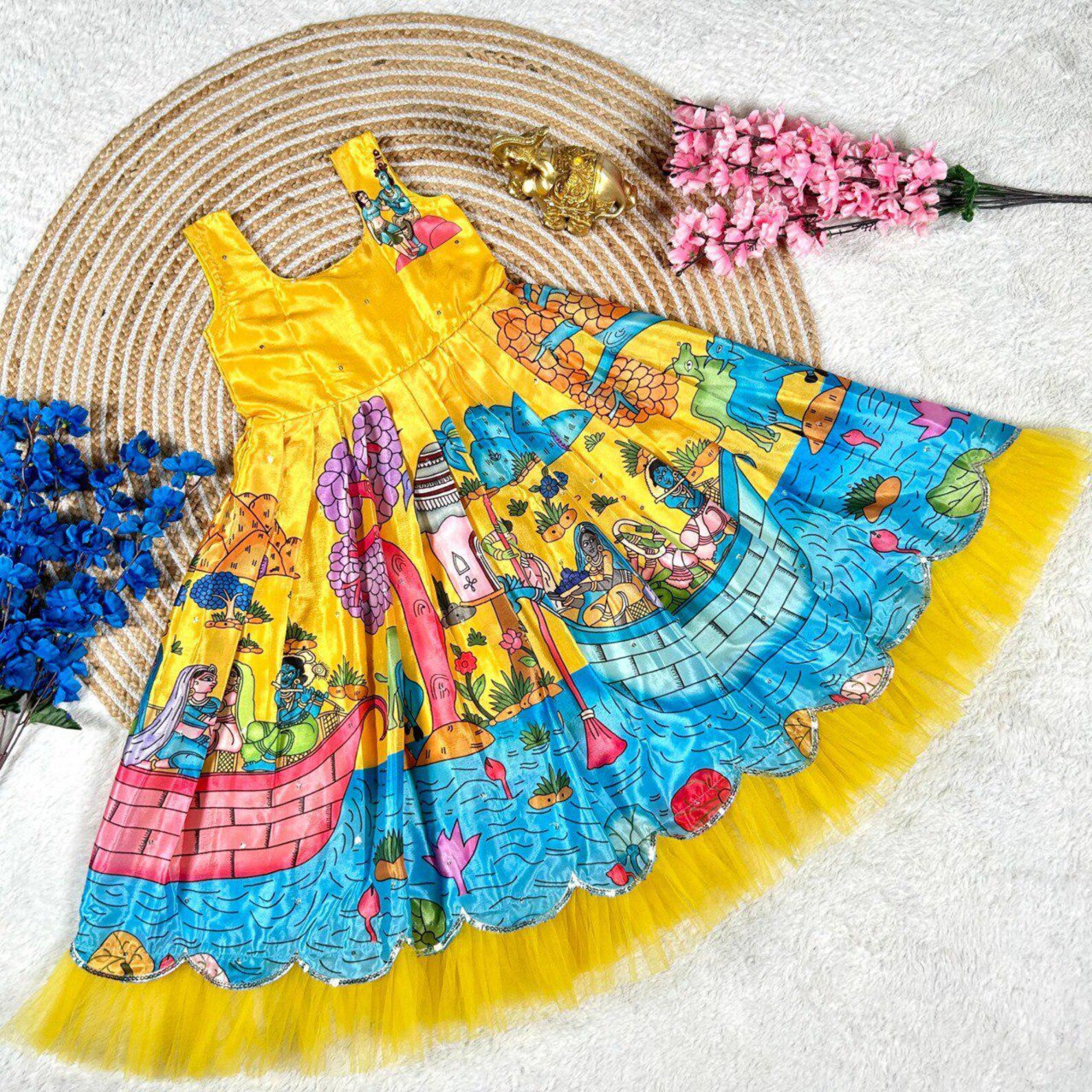 Designer Kalamkari Print Lengha for Girls, Soft Chinon Silk Blue ...