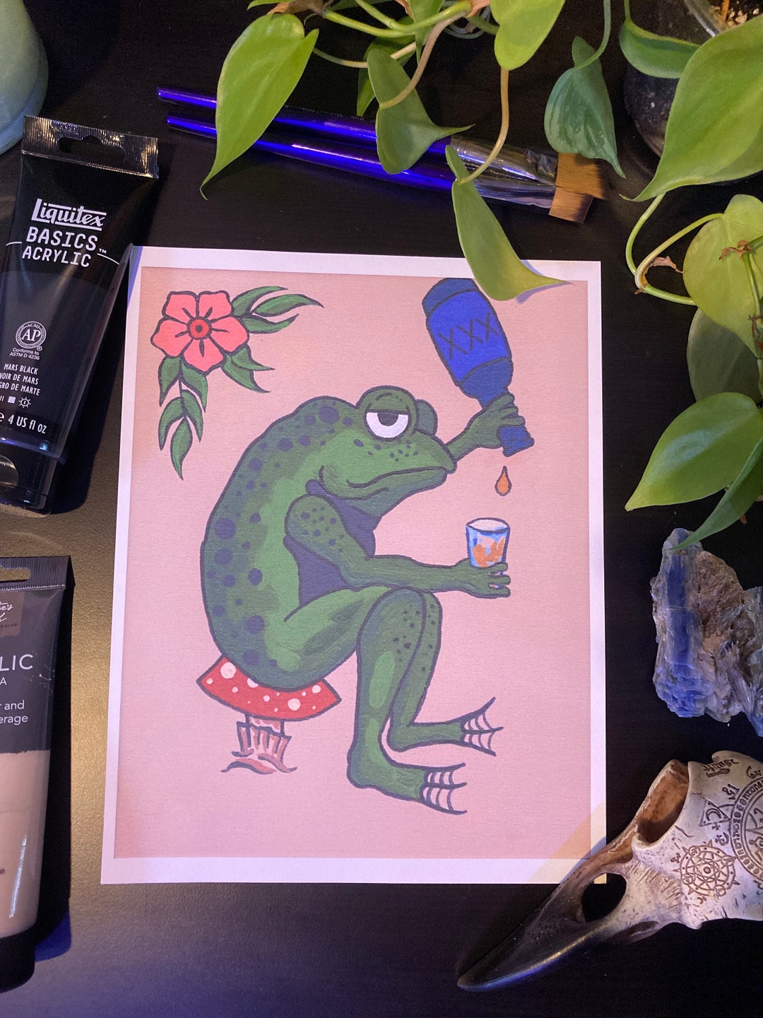 Tattoo Style Drunken Frog on a Mushroom Original Painting High Quality ...