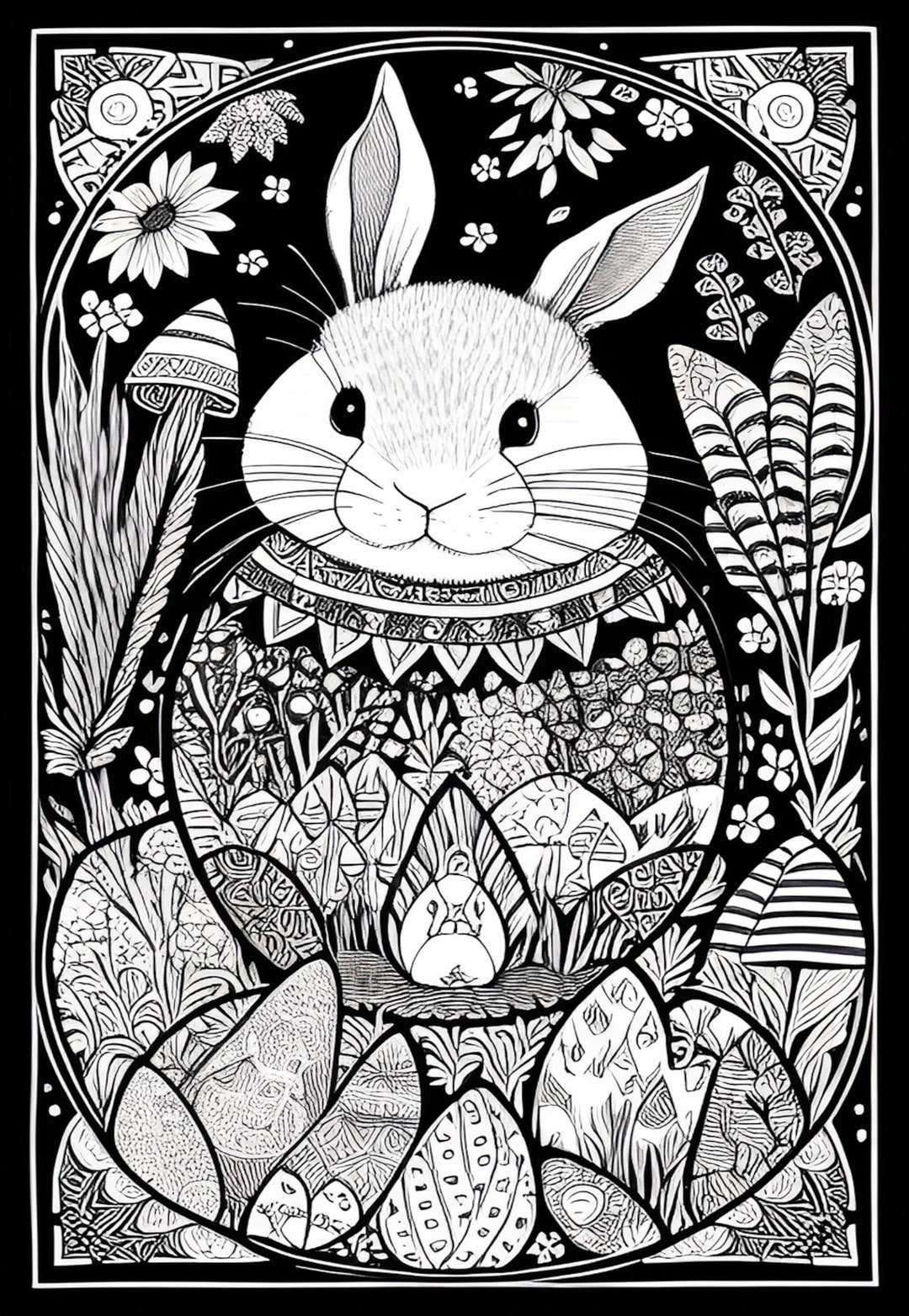 Bunny Rabbit With Basket of Easter Eggs Zentangle Coloring Page - Etsy