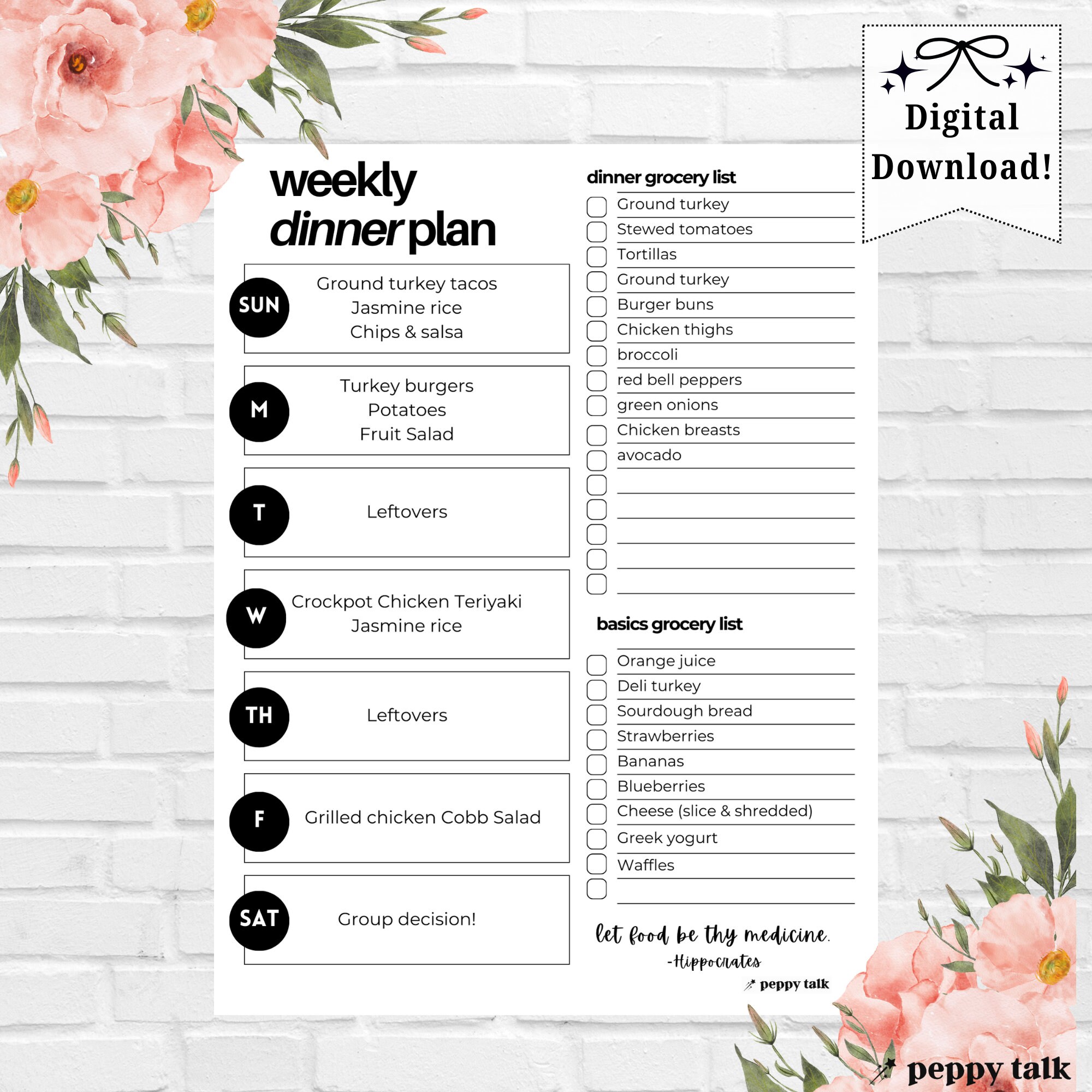 Printable Editable Meal Planner Dinner Schedule Grocery List Prep ...