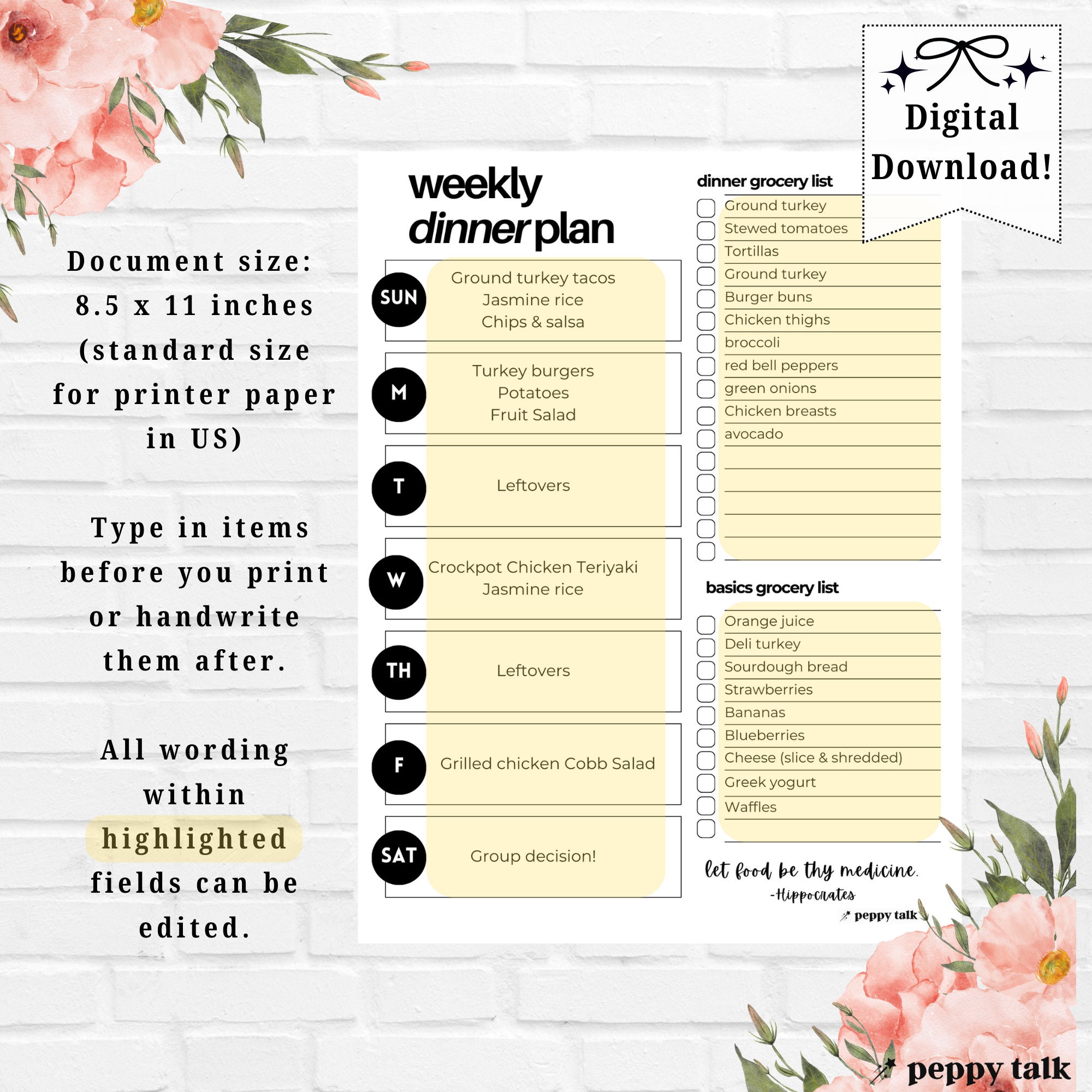 Printable Editable Meal Planner Dinner Schedule Grocery List Prep ...