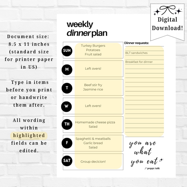 Printable Editable Meal Planner Dinner Schedule Dinner Request Family ...