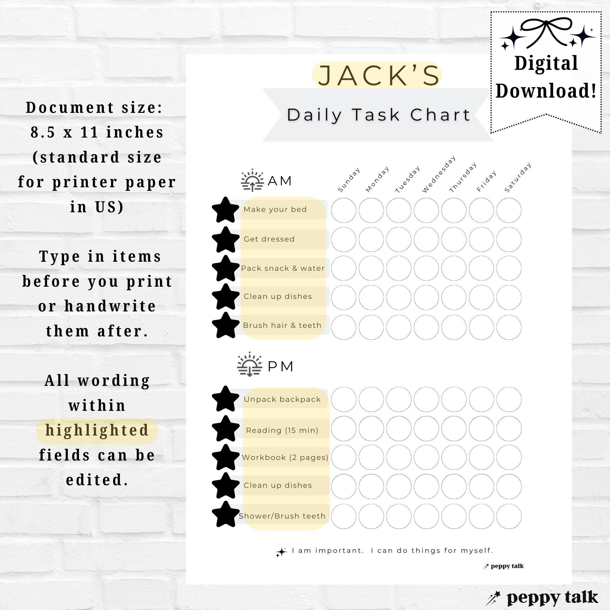 Printable Editable Kids Chore Chart Task Chart Kids Routine Checklist ...
