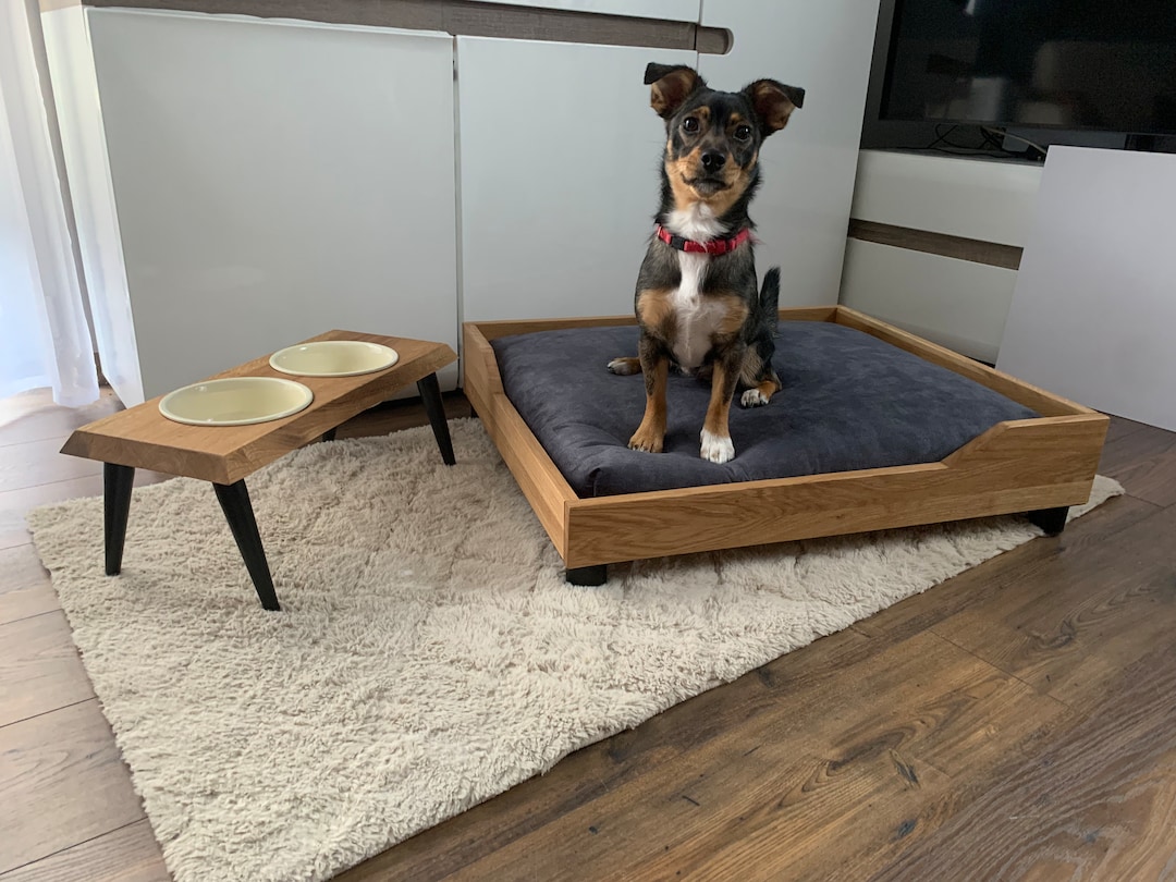 Elevated Oak Wood Dog Bed & Bowl Stand Set, Dog Bed, Raised Dog Bowls ...