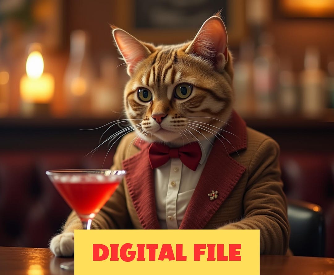 Cat Drinking Martini at a Bar Digital Art – Cat Print – Funny Cat Lover ...
