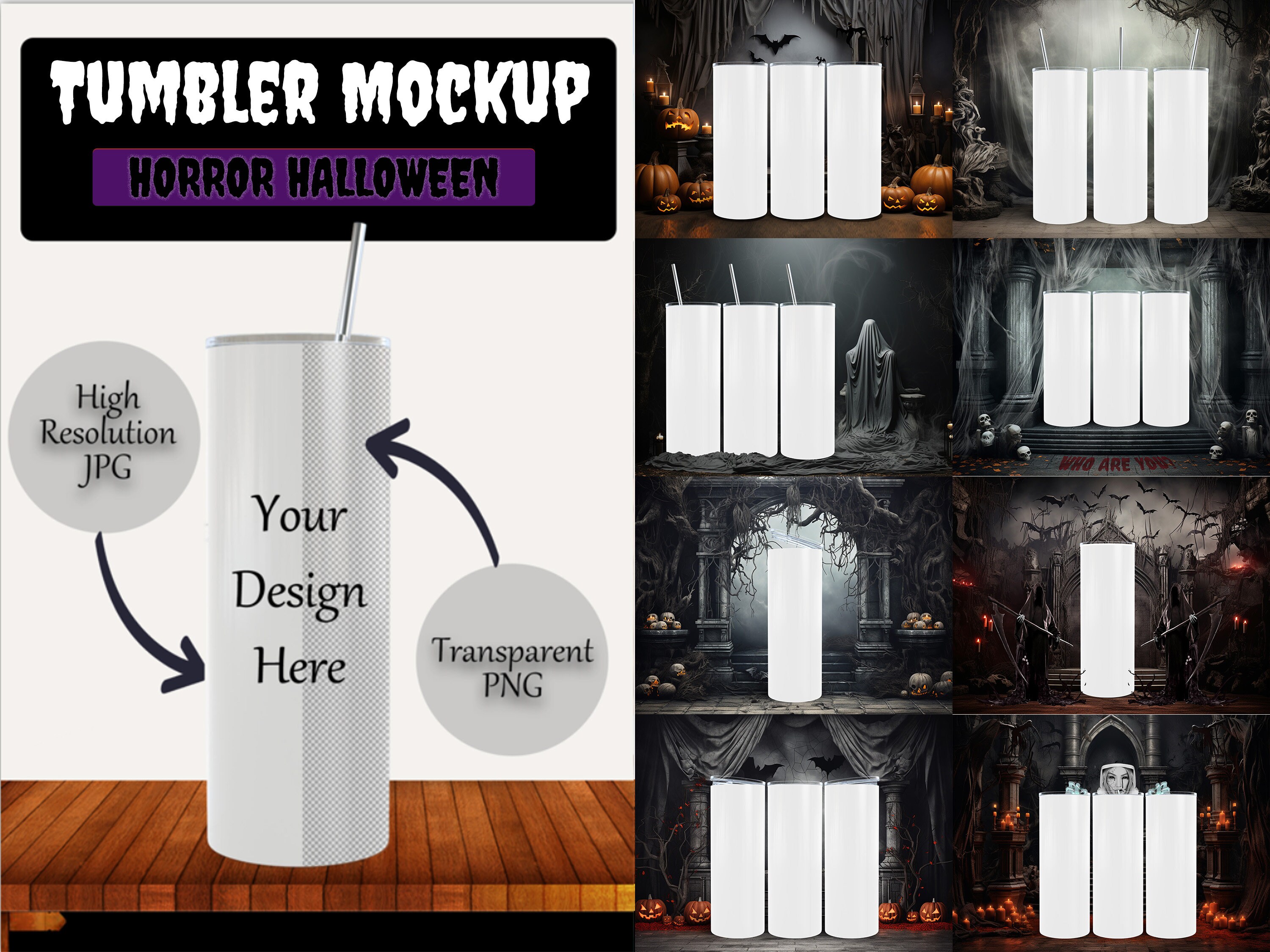 Horror Halloween Tumbler Mockup Bundle: Gothic Creepy Designs (PNG ...