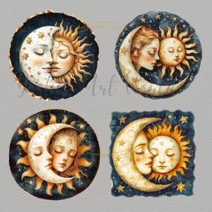 Watercolor Celestial Sun Moon PNG Bundle, Digital Crafts Designs ...