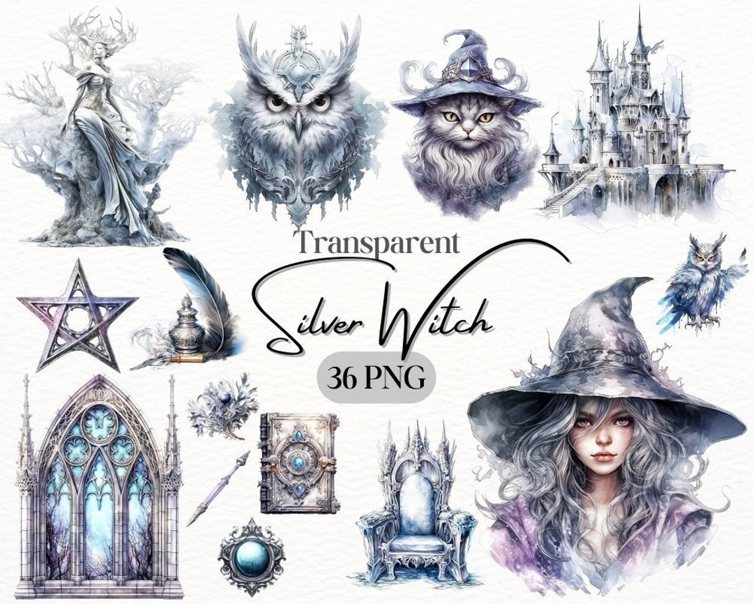 Watercolor Silver Witch PNG Bundle, Digital Crafts Designs Transparent ...