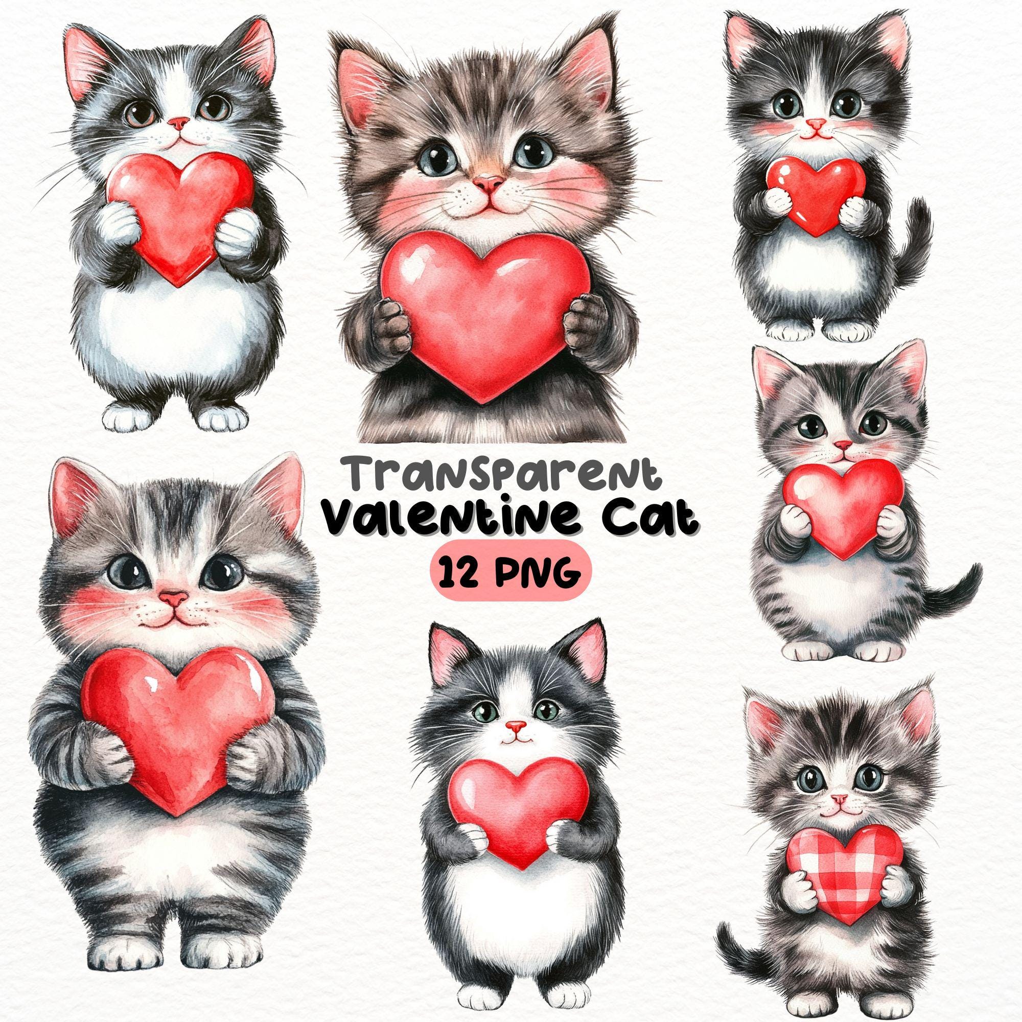 Watercolor Valentine Cat PNG Bundle, Digital Crafts Designs Transparent ...
