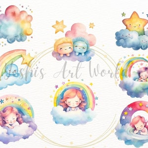 Pastel Watercolor Rainbow Star Cloud PNG Bundle, Digital Crafts Designs ...