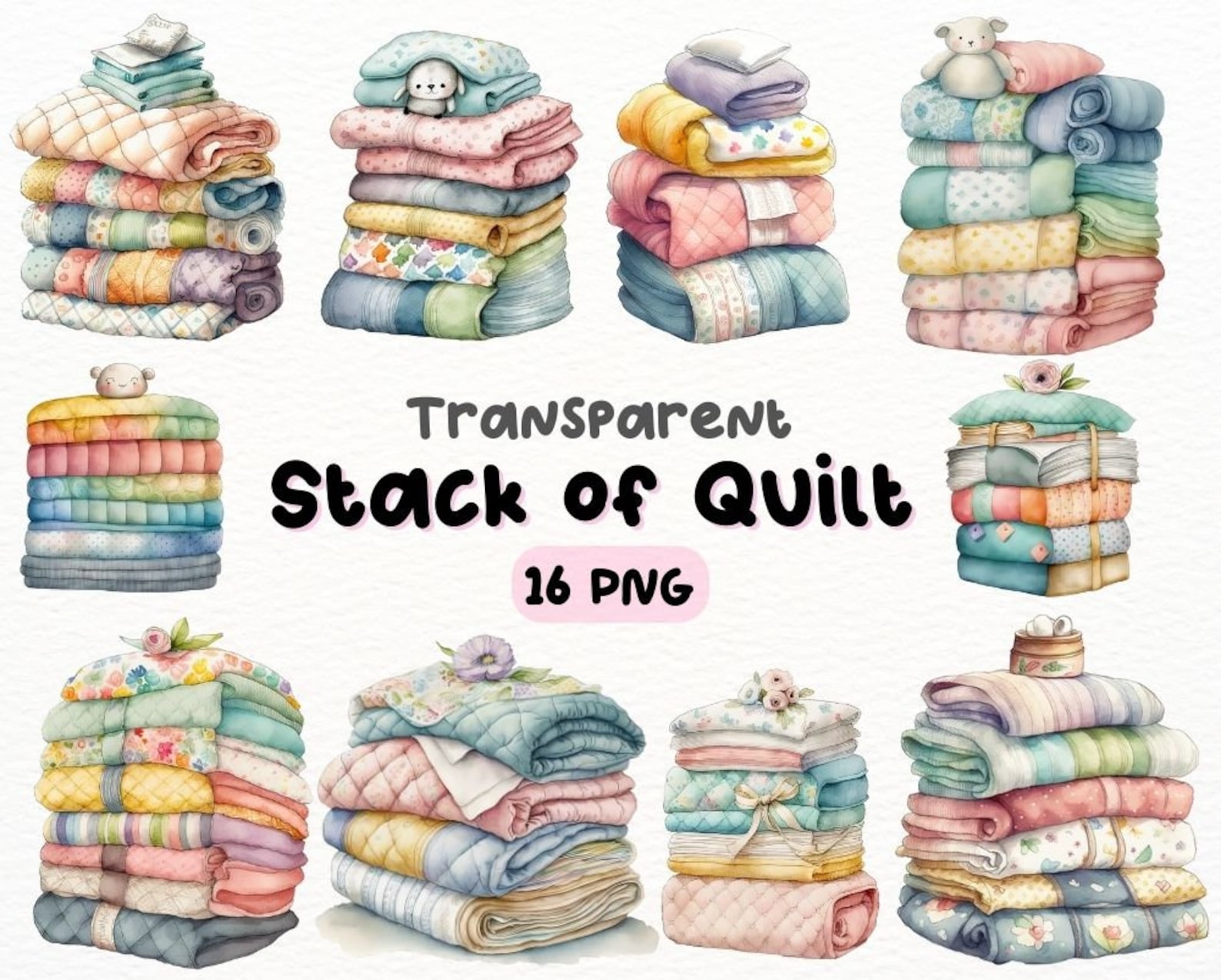 Watercolor Stack of Quilts PNG Bundle, Digital Crafts Designs ...