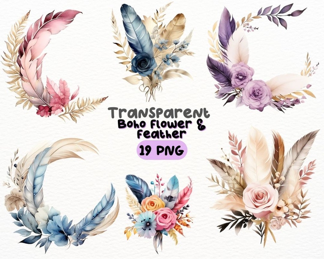 Watercolor Boho Flower Feather Wreath PNG Bundle, Digital Crafts ...
