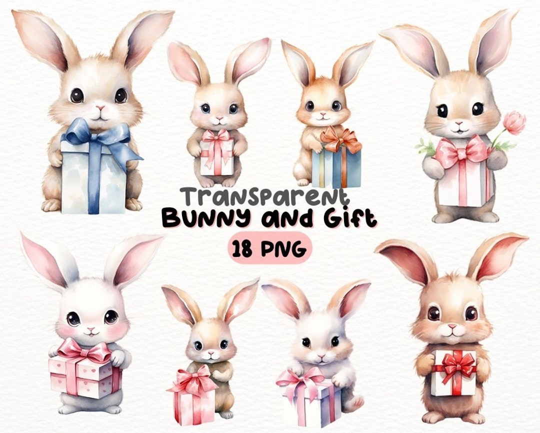 Watercolor Bunny and Gift PNG Bundle, Digital Crafts Designs ...