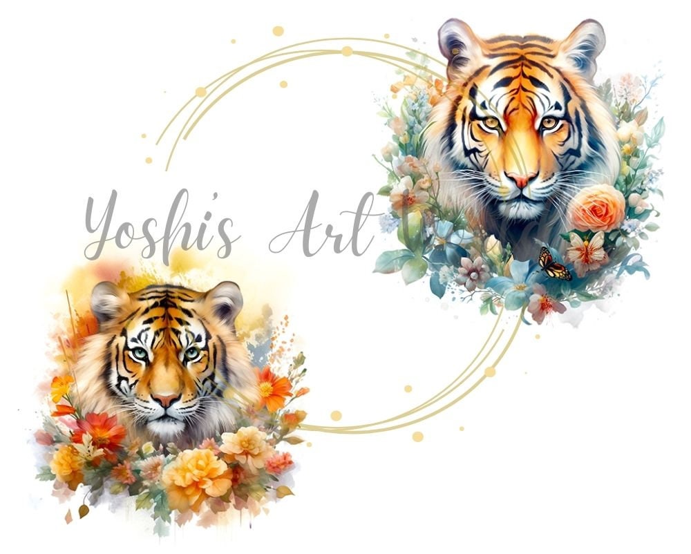 Tiger and Flower Clipart Floral Tiger Card Making Mixed - Etsy