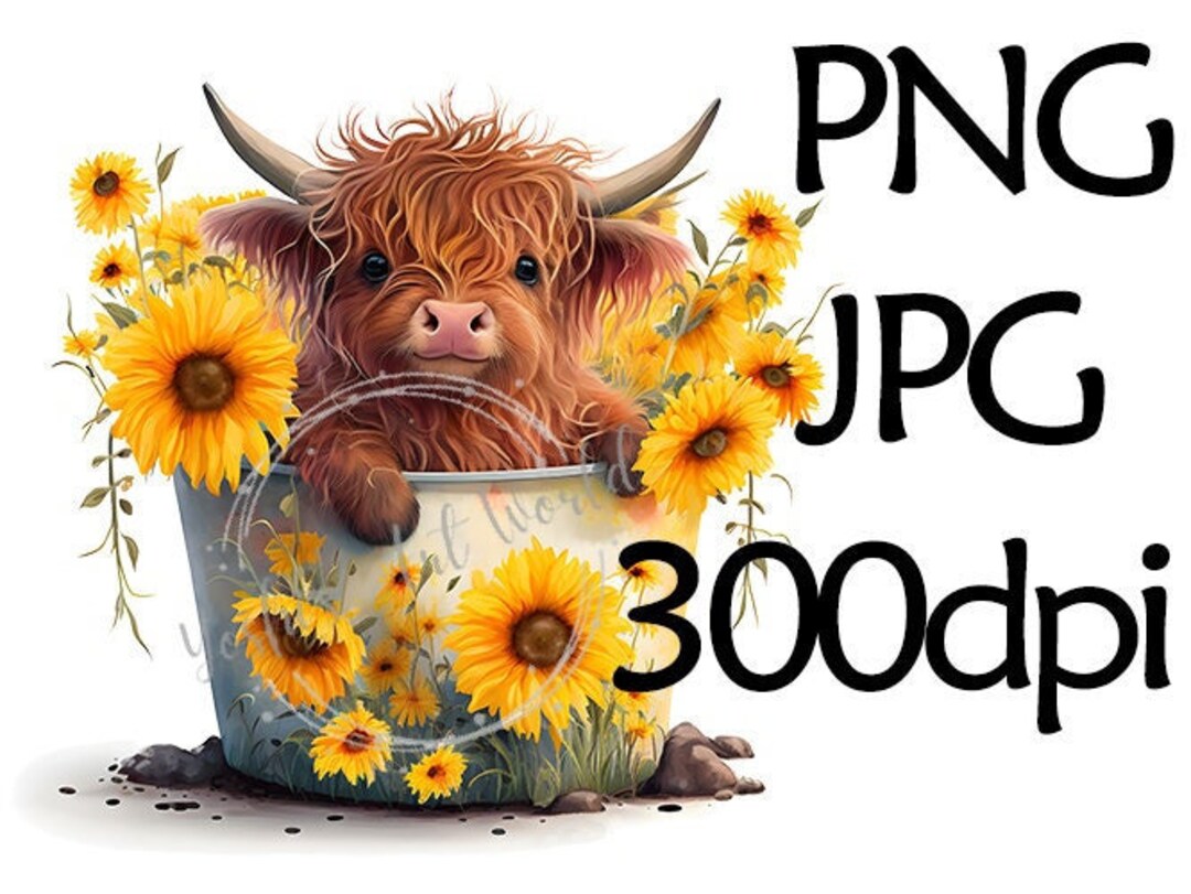 Adorable Baby Highland Cow With Sunflower PNG, Clipart, JPG PNG Digital ...