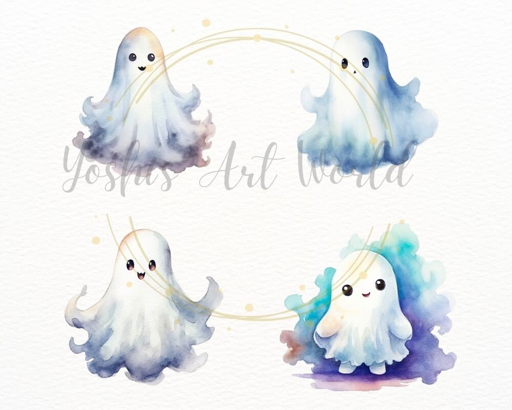 Watercolor Cute Halloween Ghost PNG Bundle, Digital Crafts Designs ...