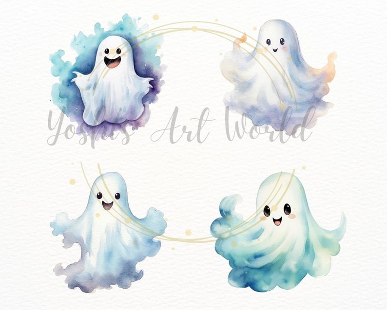 Watercolor Cute Halloween Ghost PNG Bundle, Digital Crafts Designs ...