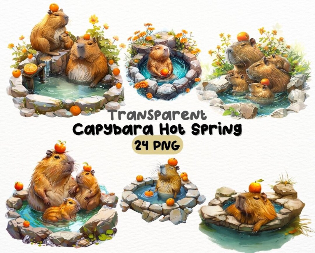 Watercolor Capybara Hot Spring PNG Bundle, Digital Crafts Designs ...