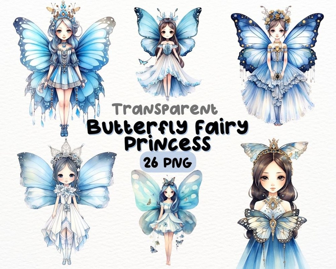 Watercolor Cute Blue Butterfly Fairy Princess PNG Bundle, Digital ...