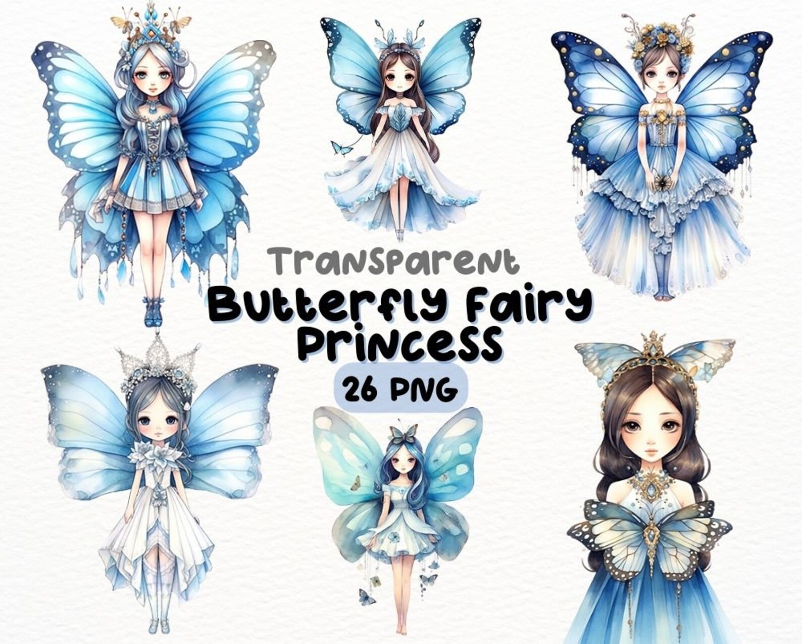 Watercolor Cute Blue Butterfly Fairy Princess PNG Bundle, Digital ...