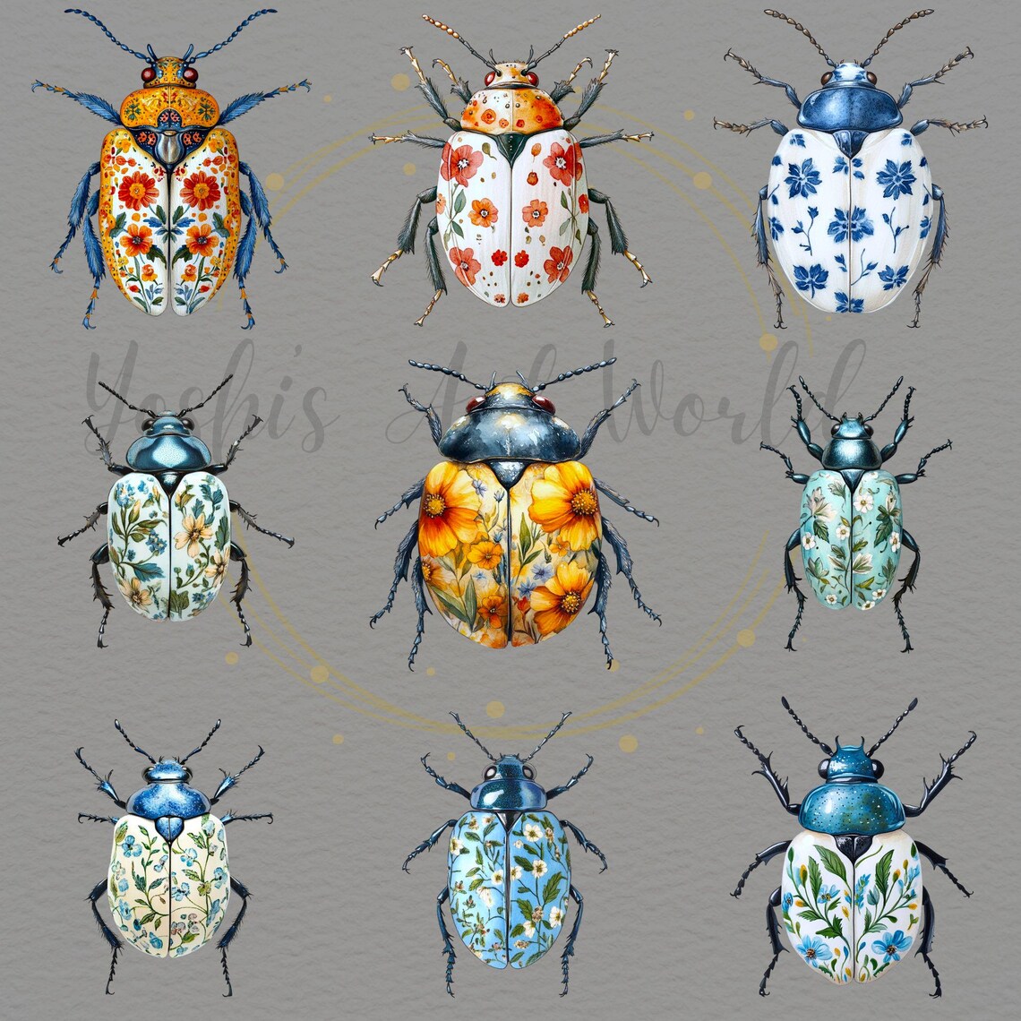 Watercolor Floral Beetle PNG Bundle, Digital Crafts Designs Transparent ...