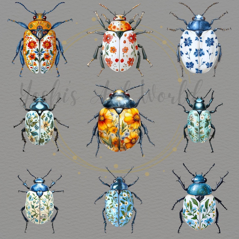 Watercolor Floral Beetle PNG Bundle, Digital Crafts Designs Transparent ...