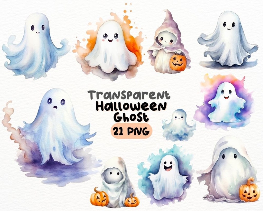 Watercolor Cute Halloween Ghost PNG Bundle, Digital Crafts Designs ...