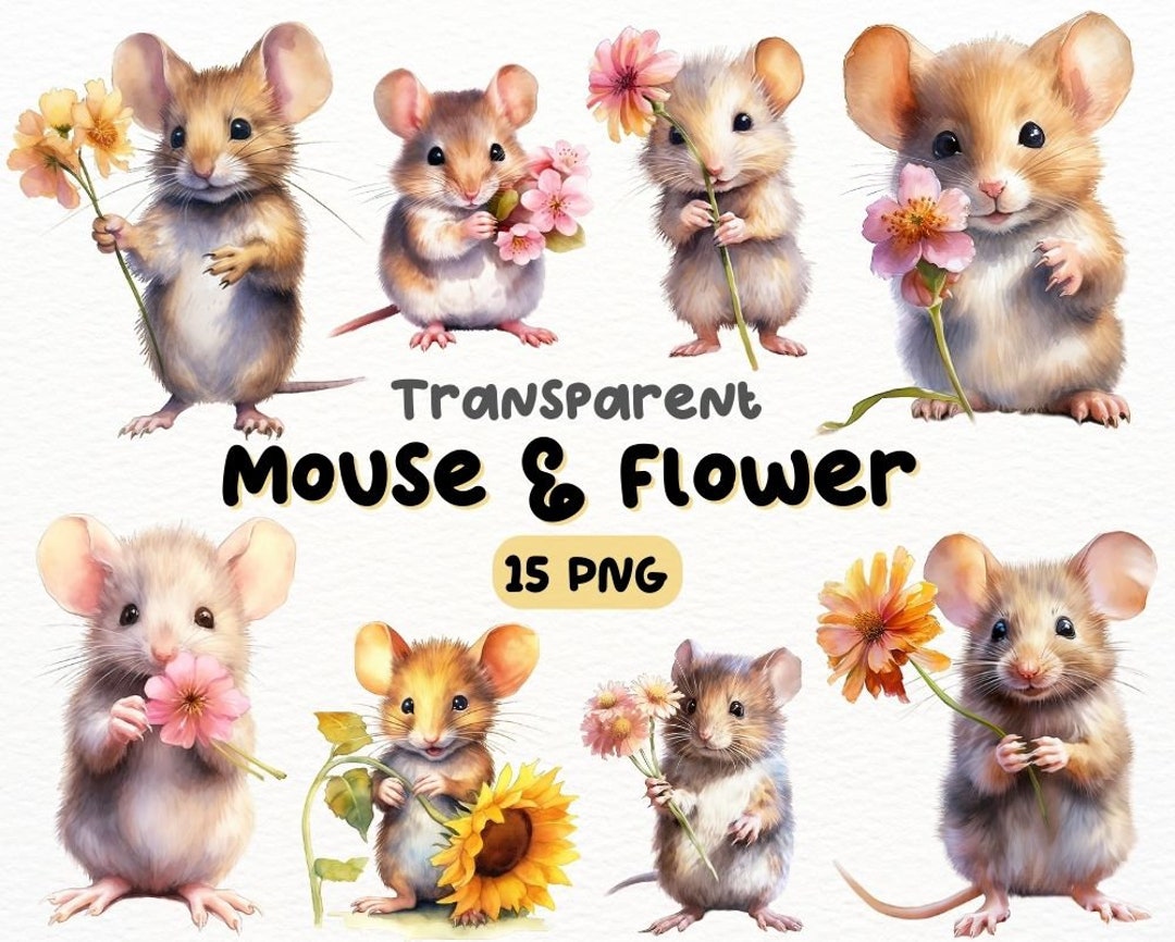 Watercolor Cute Mouse and Flower PNG Bundle, Digital Crafts Designs ...