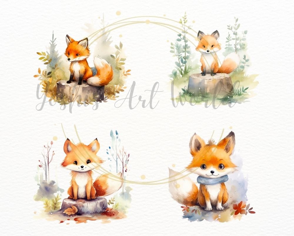 Watercolor Cute Woodland Fox PNG Bundle, Digital Crafts Designs ...