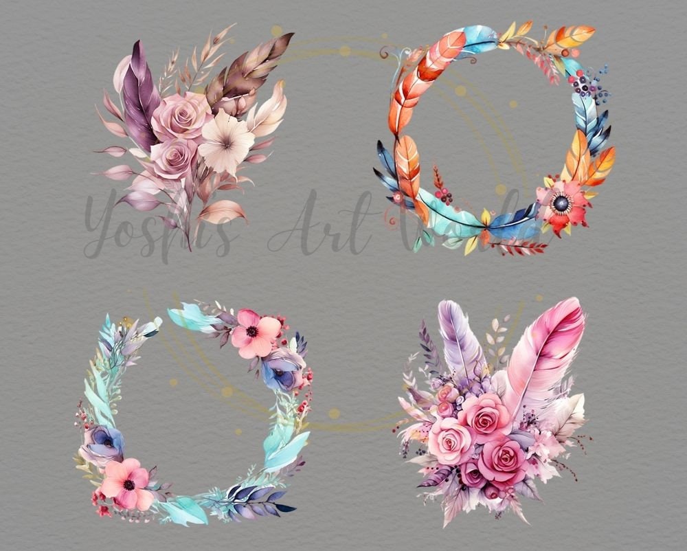 Watercolor Boho Flower Feather Wreath PNG Bundle Digital - Etsy