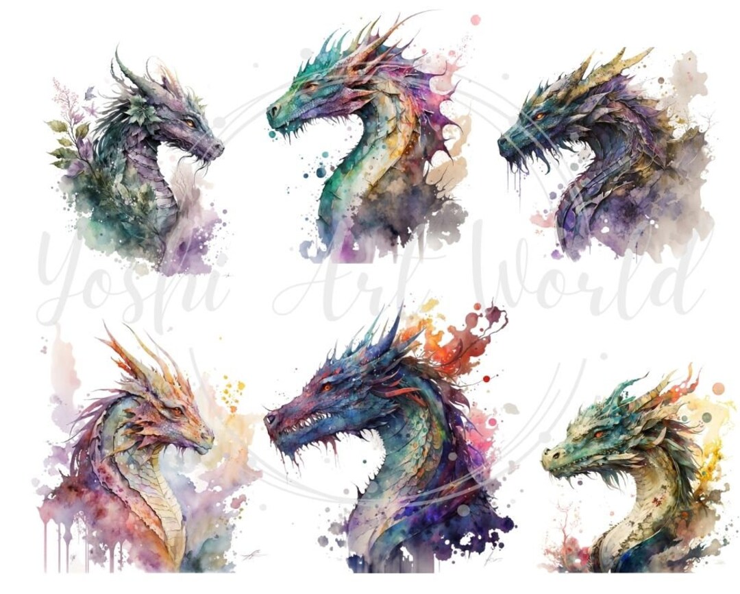 6 Dragon Watercolor, Dragon Wall Art, Dragon Prints, Sublimation ...