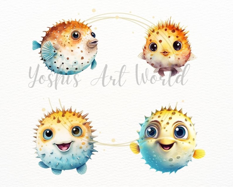 Watercolor Cute Pufferfish PNG Bundle, Digital Crafts Designs ...