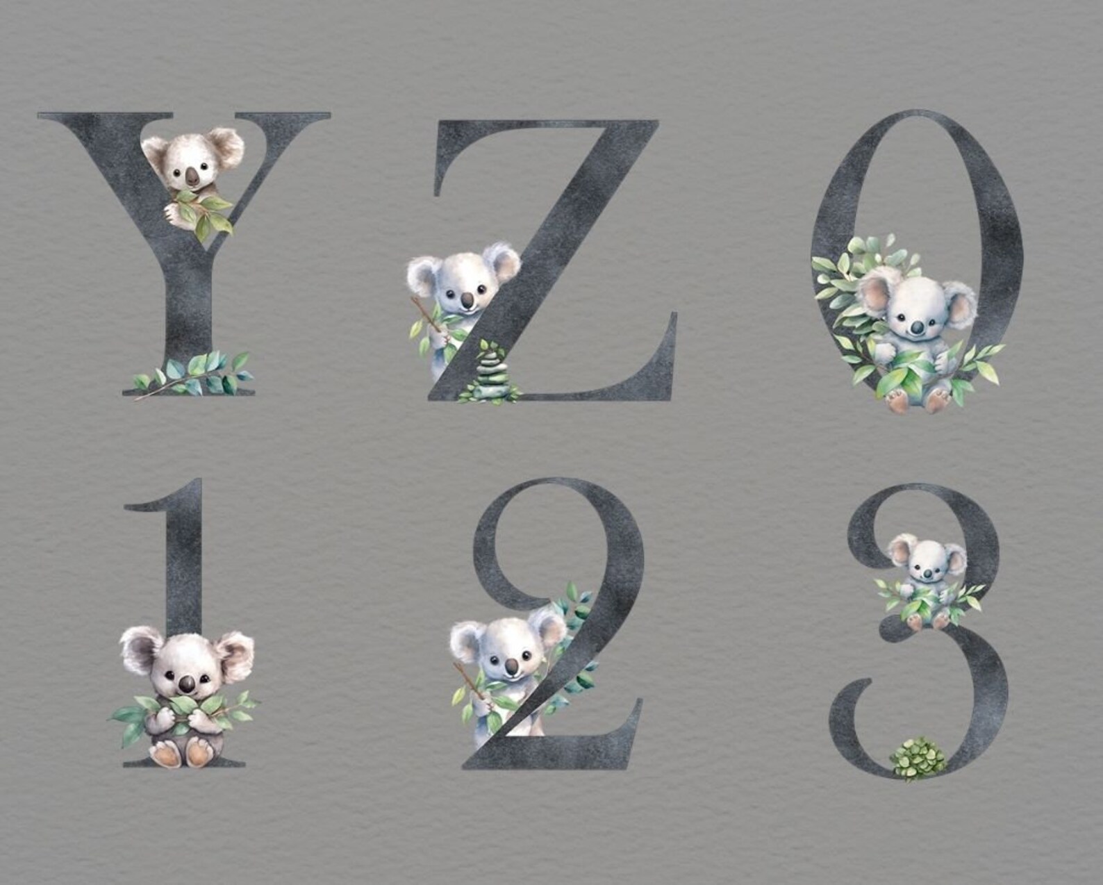 Cute Baby Koala Letters A-Z and Number, Watercolor, Alphabet Clipart ...