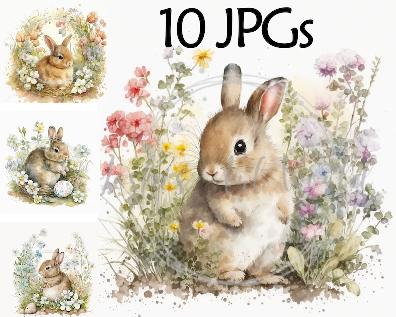 Bunnies With Flower Clipart 10 High Quality Jpgs Digital - Etsy