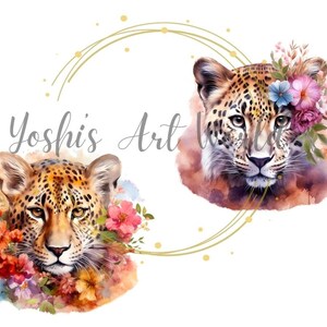 Leopard and Flower Clipart - Floral Leopard - Card Making, Mixed Media ...