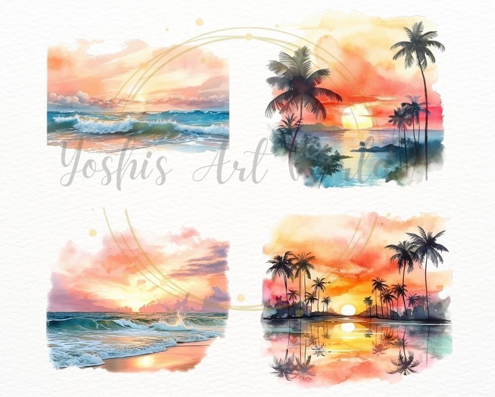 Watercolor Beach Sunset PNG Bundle Digital Crafts Designs - Etsy