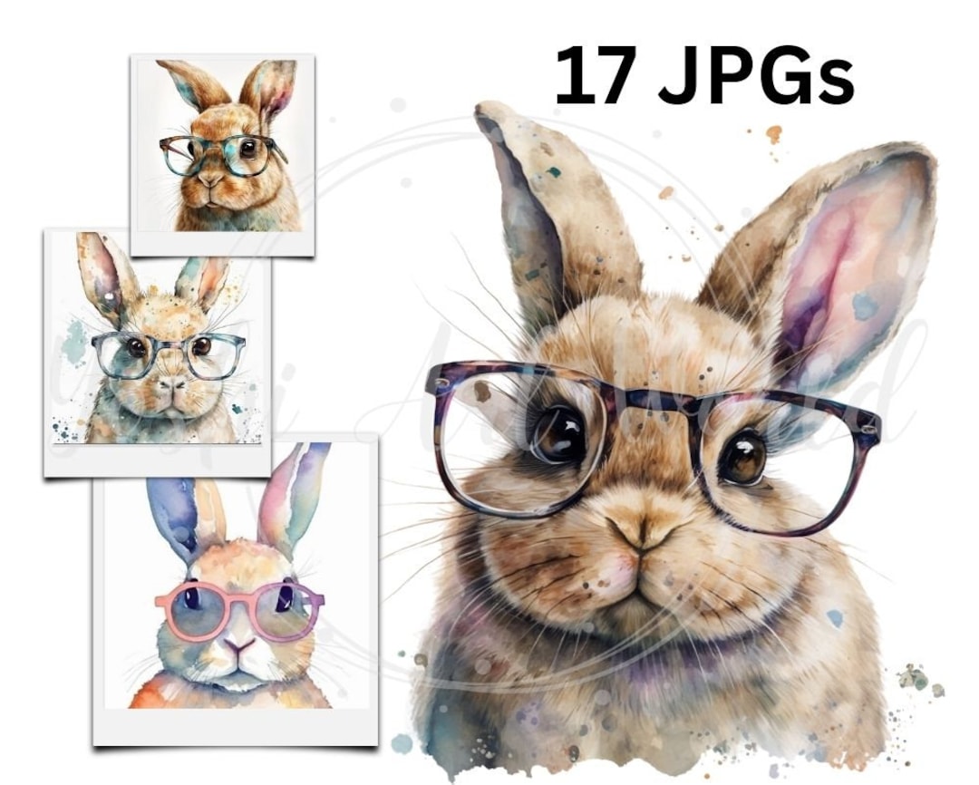 Cute Bunnies With Glasses Clipart - 17 Jpgs - Digital Paper, Funny ...