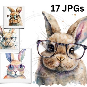 Cute Bunnies With Glasses Clipart - 17 Jpgs - Digital Paper, Funny ...