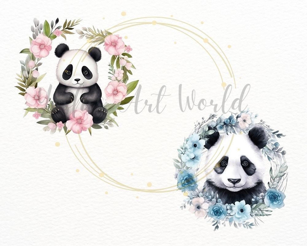 Watercolor Cute Panda and Flower Wreath PNG Bundle, Digital Crafts ...