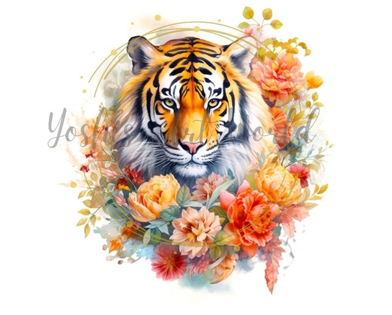 Tiger and Flower Clipart - Floral Tiger - Card Making, Mixed Media ...