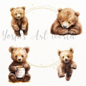 Watercolor Cute Baby Brown Bear PNG Bundle, Digital Crafts Designs ...
