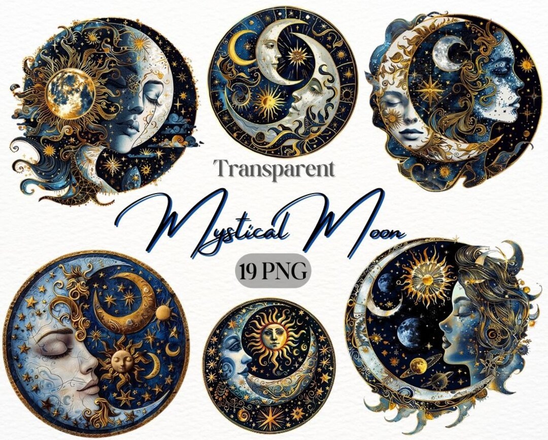 Watercolor Mystical Moon PNG Bundle, Digital Crafts Designs Transparent ...