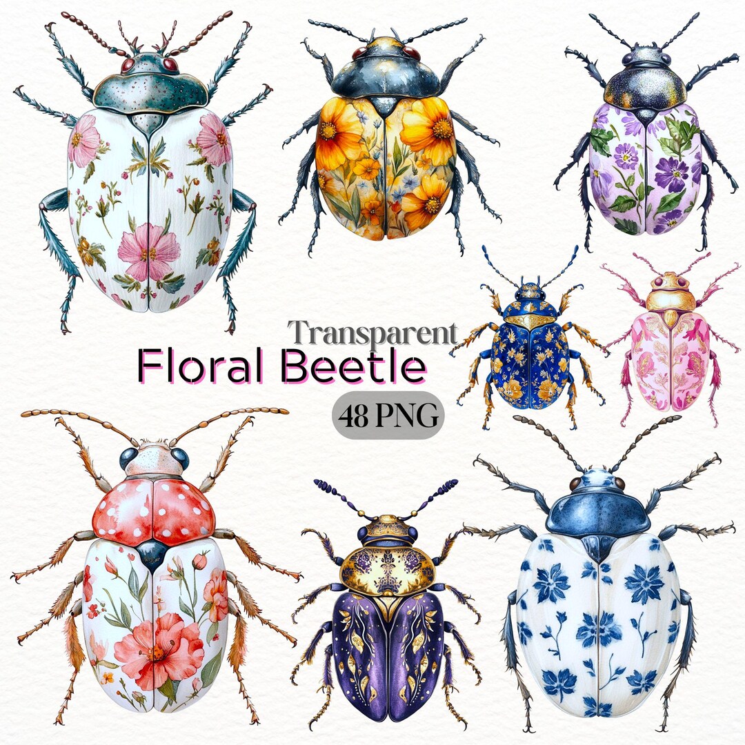 Watercolor Floral Beetle PNG Bundle, Digital Crafts Designs Transparent ...
