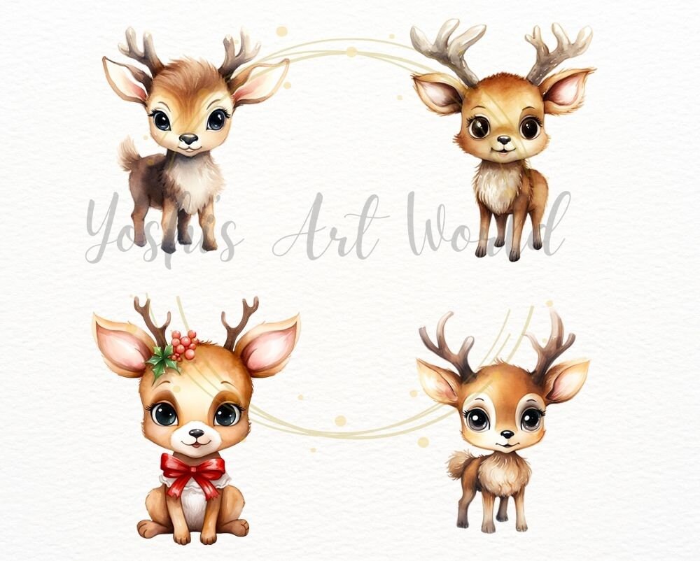 Watercolor Christmas Reindeer PNG Bundle, Digital Crafts Designs ...
