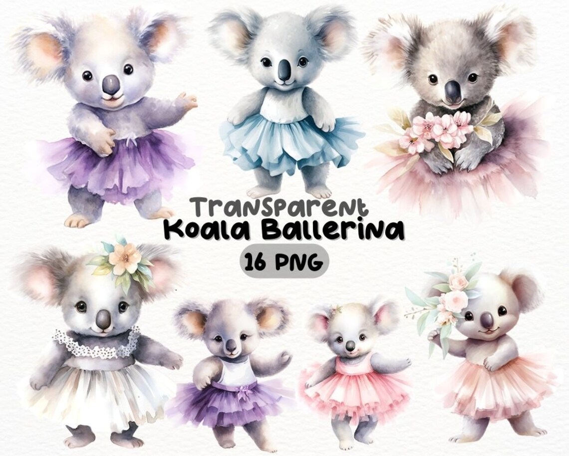 Watercolor Ballerina Koala PNG Bundle, Digital Crafts Designs ...