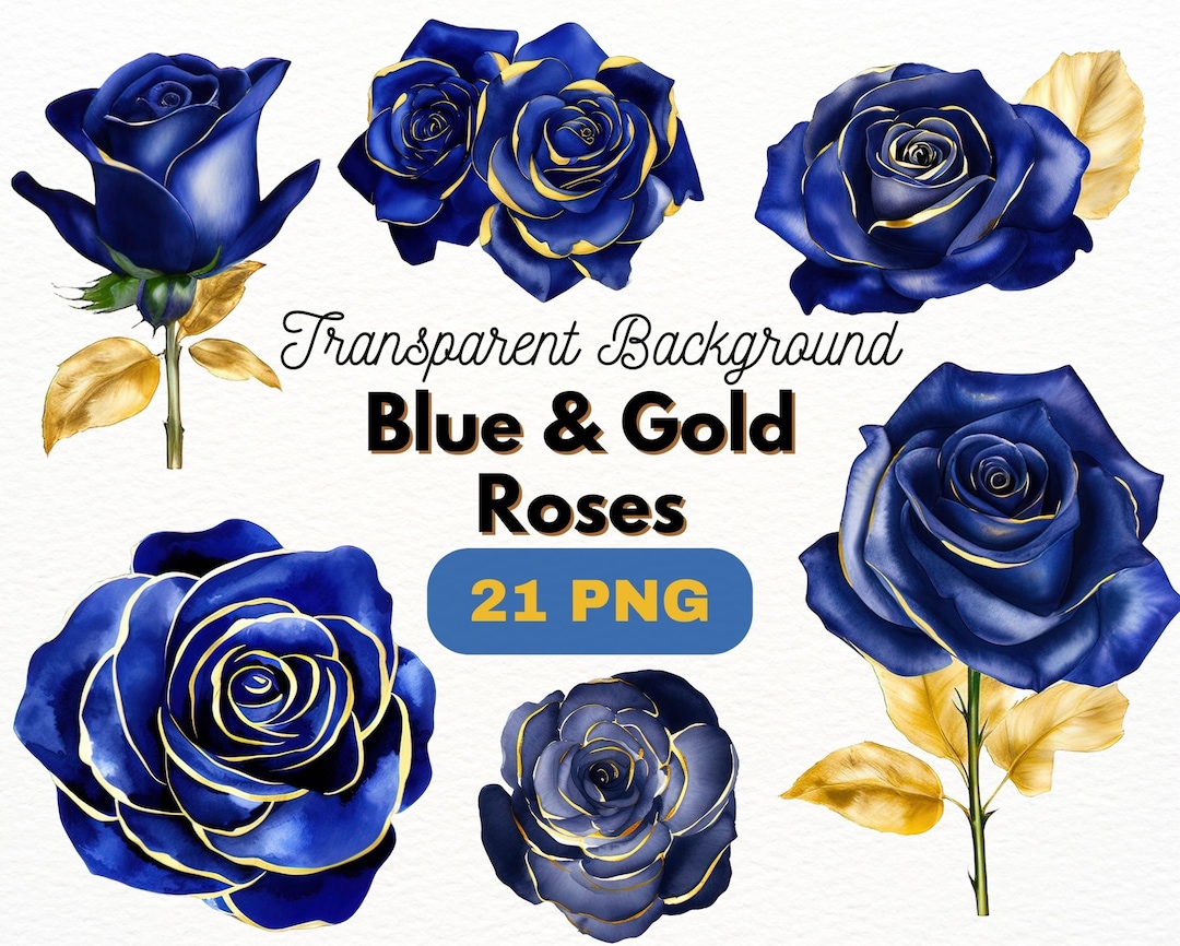Blue Roses With Gold PNG Bundle, Digital Crafts Designs Transparent ...
